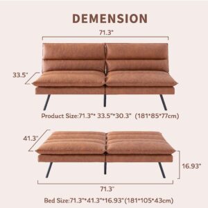 Dyonery Faux Leather Futon Sofa Bed Foam Futon Couch Sleeper Sofa Convertible Loveseat for Compact Living Spaces Offices, Easy Assembly, Brown