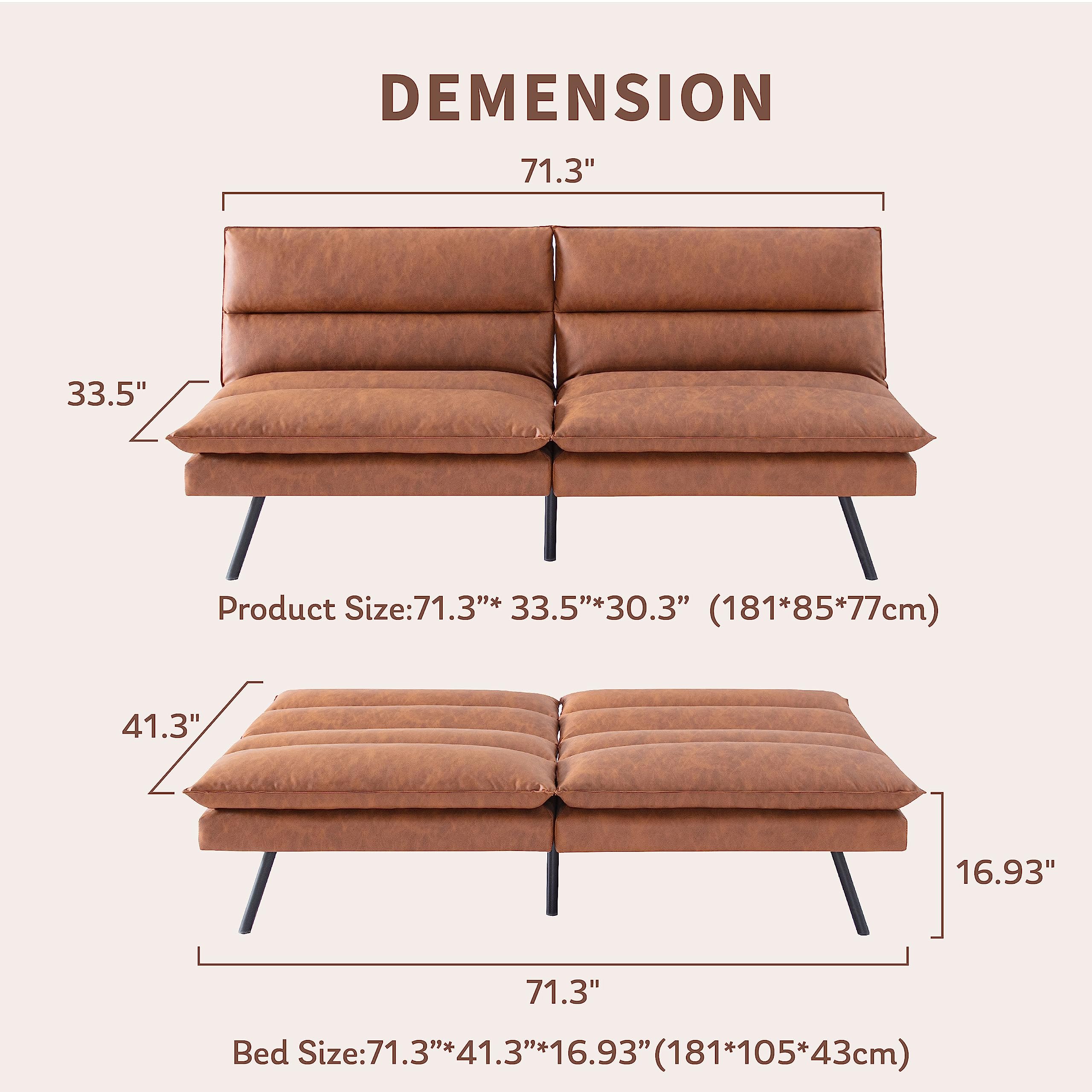 Dyonery Faux Leather Futon Sofa Bed Foam Futon Couch Sleeper Sofa Convertible Loveseat for Compact Living Spaces Offices, Easy Assembly, Brown