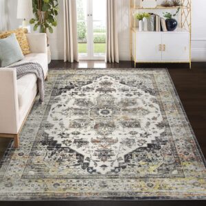 royhome area rug 8x10 machine washable rug traditional distressed carpet stain resistant non-slip floor cover carpet rug medallion accent rug for living room bedroom dining room, grey