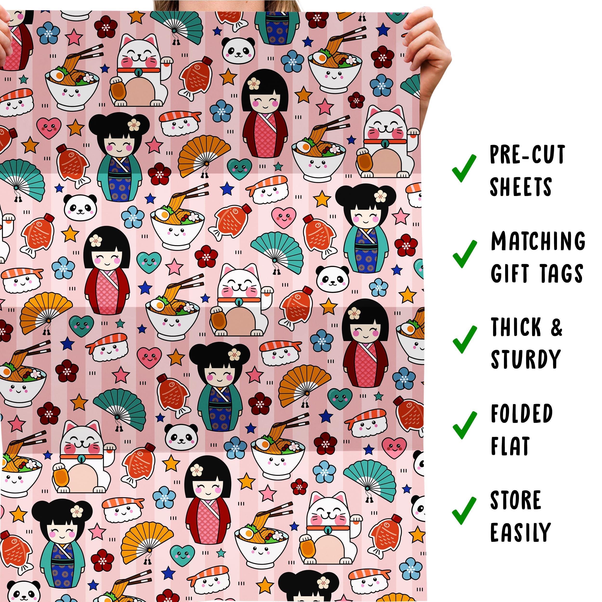 CENTRAL 23 Girls Wrapping Paper Birthday - 6 Sheets of Pink Gift Wrap - Cute Japanese Character - For Women Friends Her - Sushi Ramen - Comes with Fun Stickers