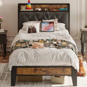 anctor twin bed frames, storage headboard with outlets, easy to install, sturdy and stable, no noise, no box springs needed - perfect for a good night's sleep