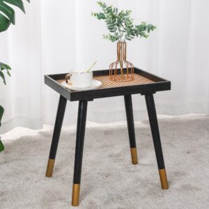 xoxneun rattan side table,rectangle nightstand,boho side table,small sofa table for living room bedroom small spaces. (black)