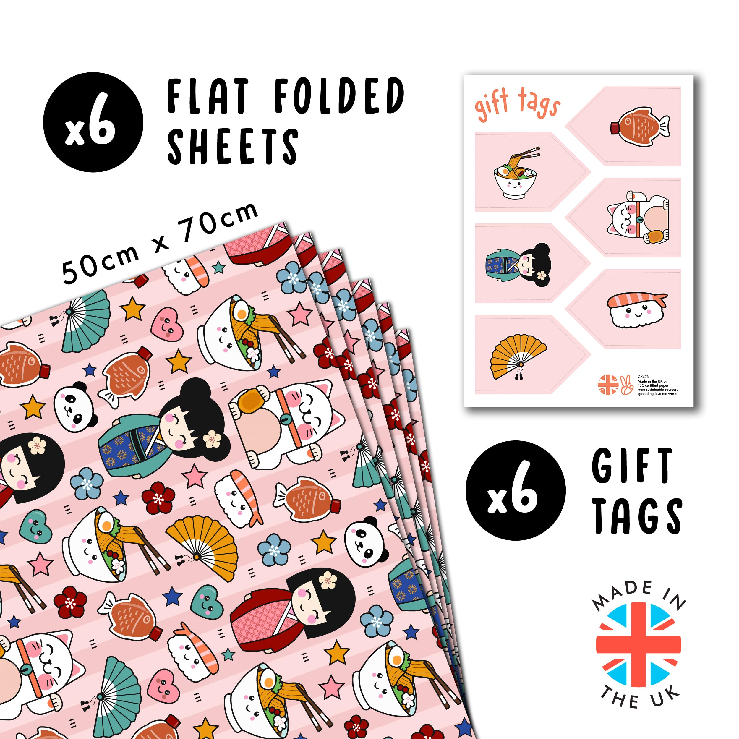 CENTRAL 23 Girls Wrapping Paper Birthday - 6 Sheets of Pink Gift Wrap - Cute Japanese Character - For Women Friends Her - Sushi Ramen - Comes with Fun Stickers