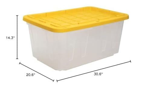 CX BLACK & YELLOW®, 27-Gallon Heavy Duty Clear Storage Container & Snap-Tight Lid, Clear & Yellow (14.3”H x 20.6”W x 30.6”D), Weather-Resistant, Stackable, See-Through Organization Tote [4 Pack]