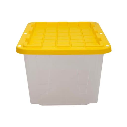 CX BLACK & YELLOW®, 27-Gallon Heavy Duty Clear Storage Container & Snap-Tight Lid, Clear & Yellow (14.3”H x 20.6”W x 30.6”D), Weather-Resistant, Stackable, See-Through Organization Tote [4 Pack]