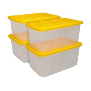 cx black & yellow®, 27-gallon heavy duty clear storage container & snap-tight lid, clear & yellow (14.3”h x 20.6”w x 30.6”d), weather-resistant, stackable, see-through organization tote [4 pack]