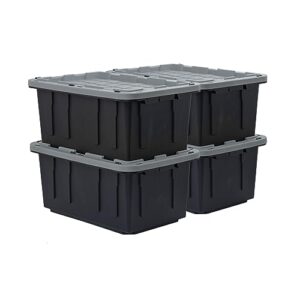 cx black & yellow®, 27-gallon heavy duty tough storage container & snap-tight lid, black and grey, (14.3”h x 20.6”w x 30.6”d), weather-resistant design and stackable organization tote [4 pack]