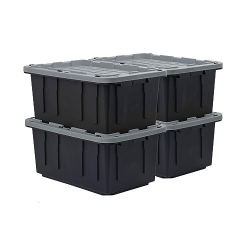 CX BLACK & YELLOW®, 27-Gallon Heavy Duty Tough Storage Container & Snap-Tight Lid, Black and Grey, (14.3”H x 20.6”W x 30.6”D), Weather-Resistant Design and Stackable Organization Tote [4 Pack]