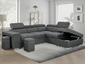 thsuper 104'' microfiber sectional sleeper sofa with pull-out bed, sofa with chaise & storage ottoman. 5 seater l-shaped couch with adjustable headrest and stools. charcoal grey