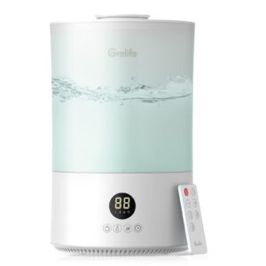 grelife humidifiers for bedroom, 4l top fill cool mist humidifier with night light, quiet, humidistat, auto shut-off, timer, easy clean, ultrasonic air humidifier for home, baby nursery & plants