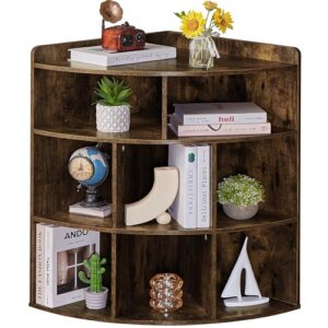 vecelo 3-tier corner cabinet with 8 cubbies, wooden cube storage organizer, modern bookshelf units for playroom, bedroom, living room, brown