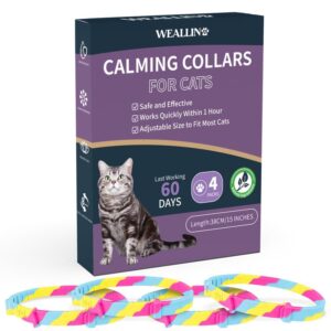 weallin 4 packs calming collar for cats, cat calming collar anxiety aggression relief stress pheromone collar for cats, cat calming products with 60 days long-lasting effect, adjustable for most cat