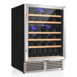 costway 24 inch wine cooler, 51 bottles dual zone wine refrigerator w/stainless steel tempered glass door & safety lock, built-in or freestanding mini wine fridge for home bar office