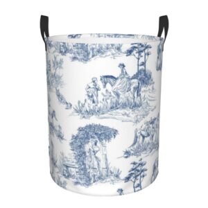 laundry hamper with handles-unique toile design blue laundry basket-round storage bin dirty clothes basket