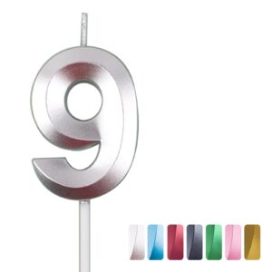 number 9 birthday cake candles, 3d shape number birthday candle, 9th birthday cake topper decorations (silver)