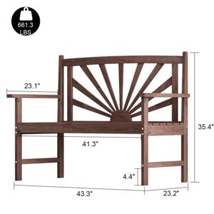 Timechee Outdoor Garden Bench, 43.3" Patio Wood Loveseat Benches, 2-Person Weather Resistance Wooden Garden Seating Furniture with Armrests & Backrest for Porch,Lawn, Brown