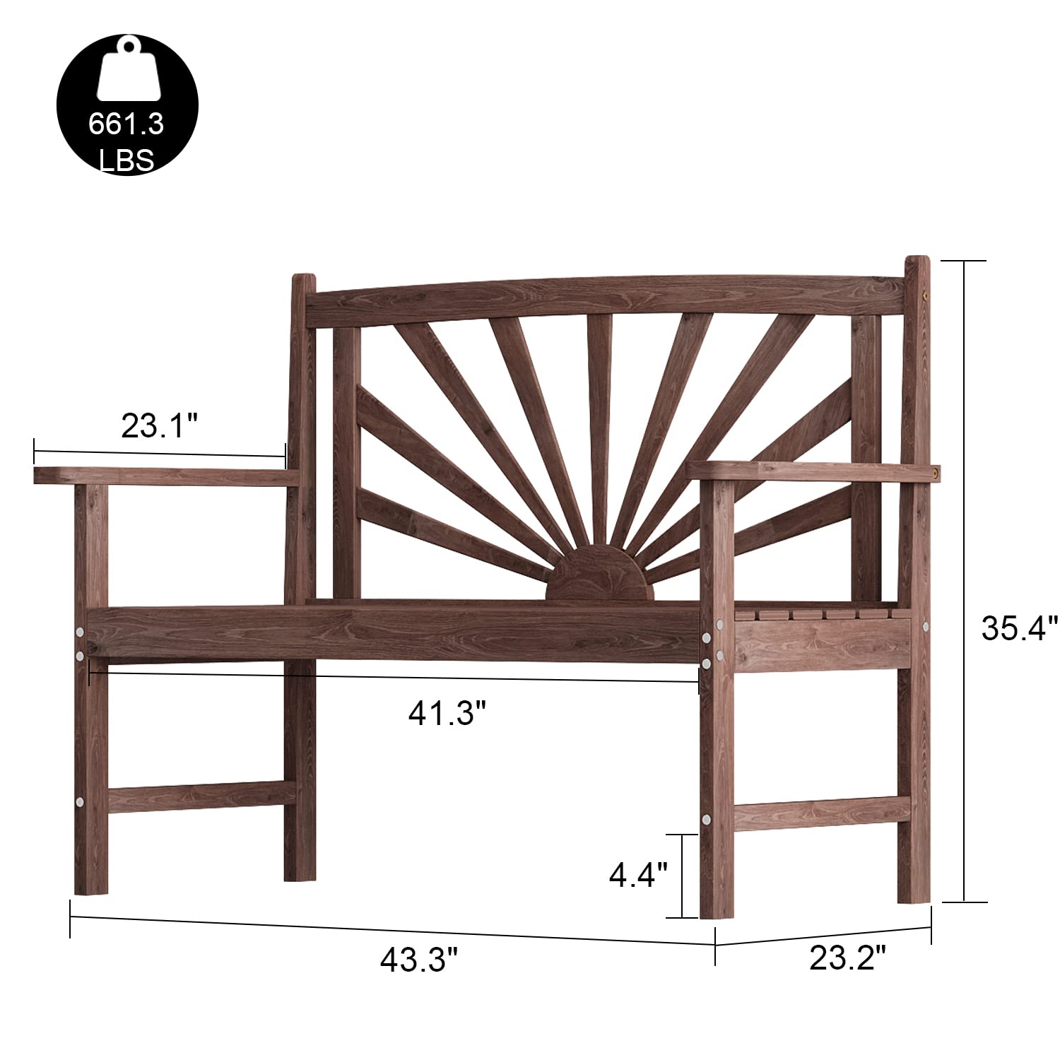 Timechee Outdoor Garden Bench, 43.3" Patio Wood Loveseat Benches, 2-Person Weather Resistance Wooden Garden Seating Furniture with Armrests & Backrest for Porch,Lawn, Brown