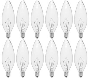 cylyt 12-pack e12 candle light bulbs 40w warm white 2500k, 380 lumen dimmable chandelier light bulbs for ceiling fan, pendants or outdoor, b10 clear candelabra base bulbs