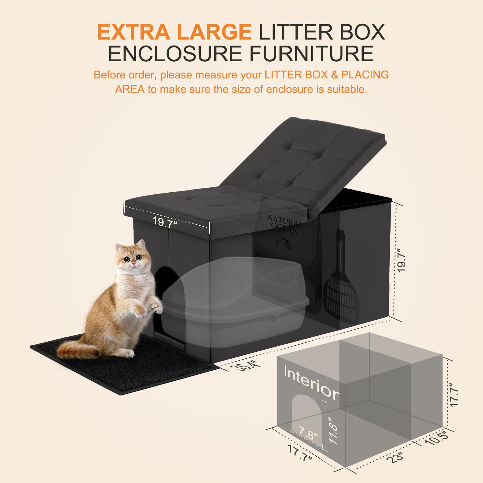 MEEXPAWS Cat Litter Box Enclosure Furniture Hidden Extra Large, Lift Design Lid Velvet Cat Washroom Bench Storage Cabinet | 35.4x19.7x19.7 in | Dog Proof|Urine Proof Inside|Quick Assembly| Easy Clean