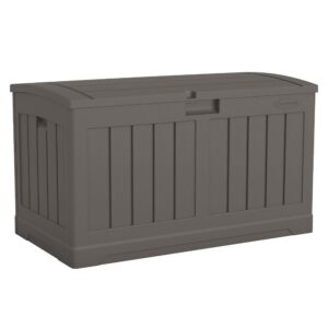 suncast 50 gallon plastic deck box with molded lockable feature and weathertight construction for home, patio, lawn, and garden storage, gray