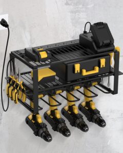 wall mount power tool organizer and charging station - 6 ac outlets, 3 layers for drills, great as heavy duty garage tool rack