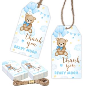 bear thank you tags, 50pcs blue gift tags with string for baby shower, thank you beary much gift tags for celebrating wedding birthday baby shower bridal shower party favors