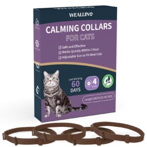 weallin 4 packs calming collar for cats, cat calming collar anxiety aggression relief stress pheromone collar for cats, cat calming products with 60 days long-lasting effect, adjustable for most cat