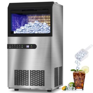 lifeplus commercial ice maker machine 100lbs/24h, stainless steel under counter ice machine with large storage bin, 45 ice cubes/cycle, 2 way water supply, freestanding for home party shop office bar