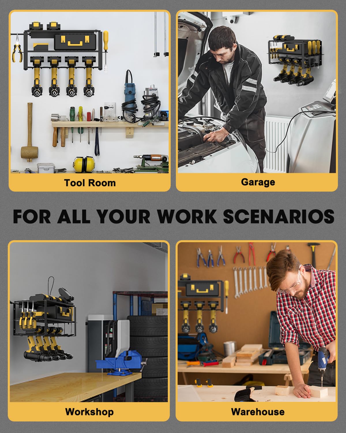 Wall Mount Power Tool Organizer and Charging Station - 6 AC Outlets, 3 Layers for Drills, Great as Heavy Duty Garage Tool Rack