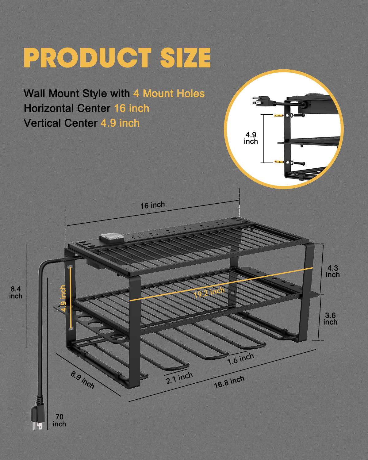 Wall Mount Power Tool Organizer and Charging Station - 6 AC Outlets, 3 Layers for Drills, Great as Heavy Duty Garage Tool Rack