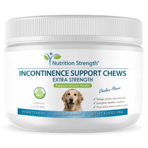 nutrition strength dog incontinence support, extra strength supplement for dog bladder health, organic support for dogs leaking urine, promotes dog bladder control, 30 soft chews