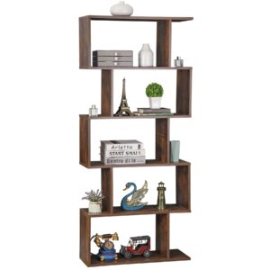 super deal wood bookcase, 5-tier bookshelf geometric s-shaped shelf with anti tipping device, narrow storage rack and room divider for bedroom living room home office, 62 inch tall rustic brown