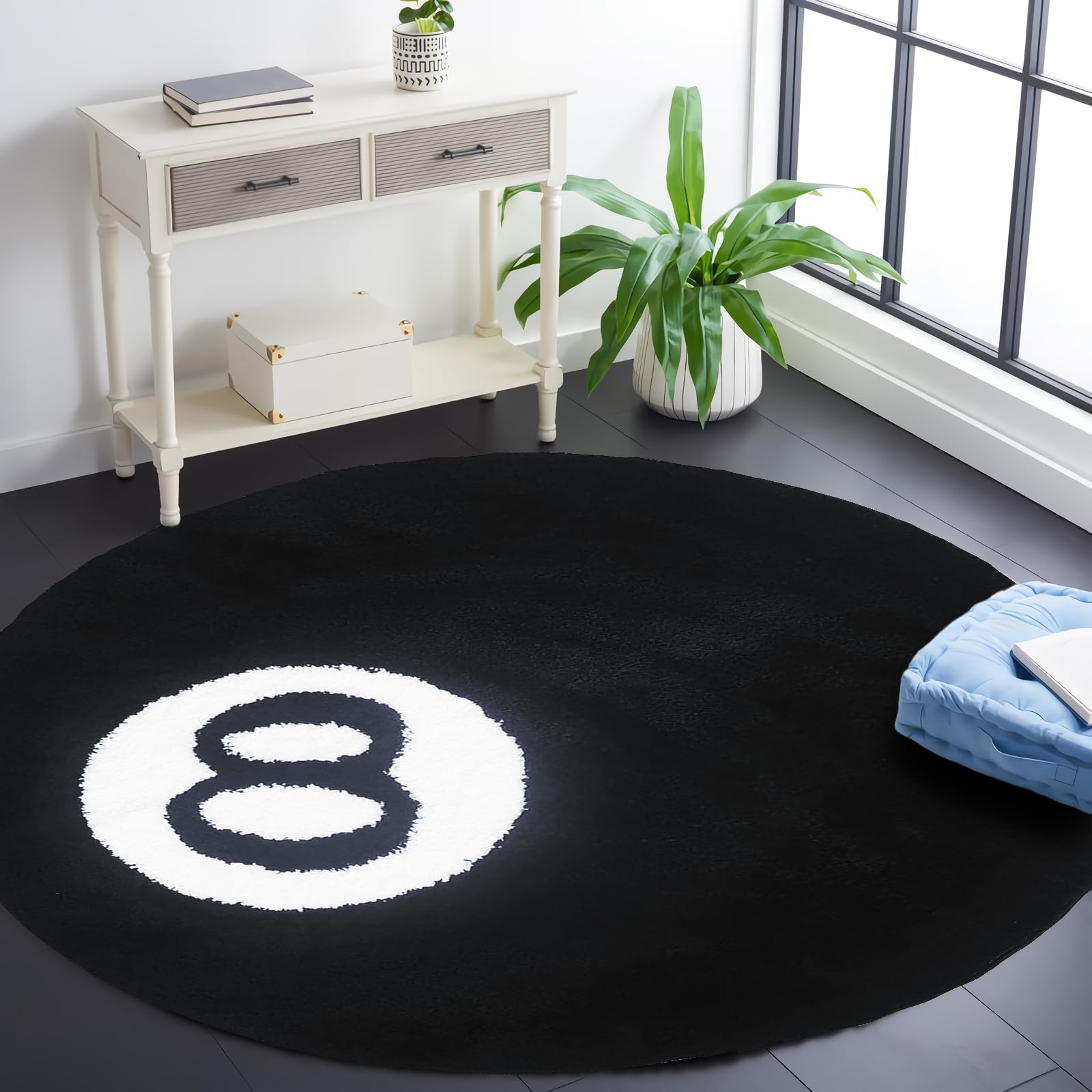 Luxixiry 8 Ball Round Rug, Cute Soft Tufted Area Circle Rug for Bedroom Children's Room Playroom Living Room Non-Slip Fluffy Decor Carpet, Black, 39" Round