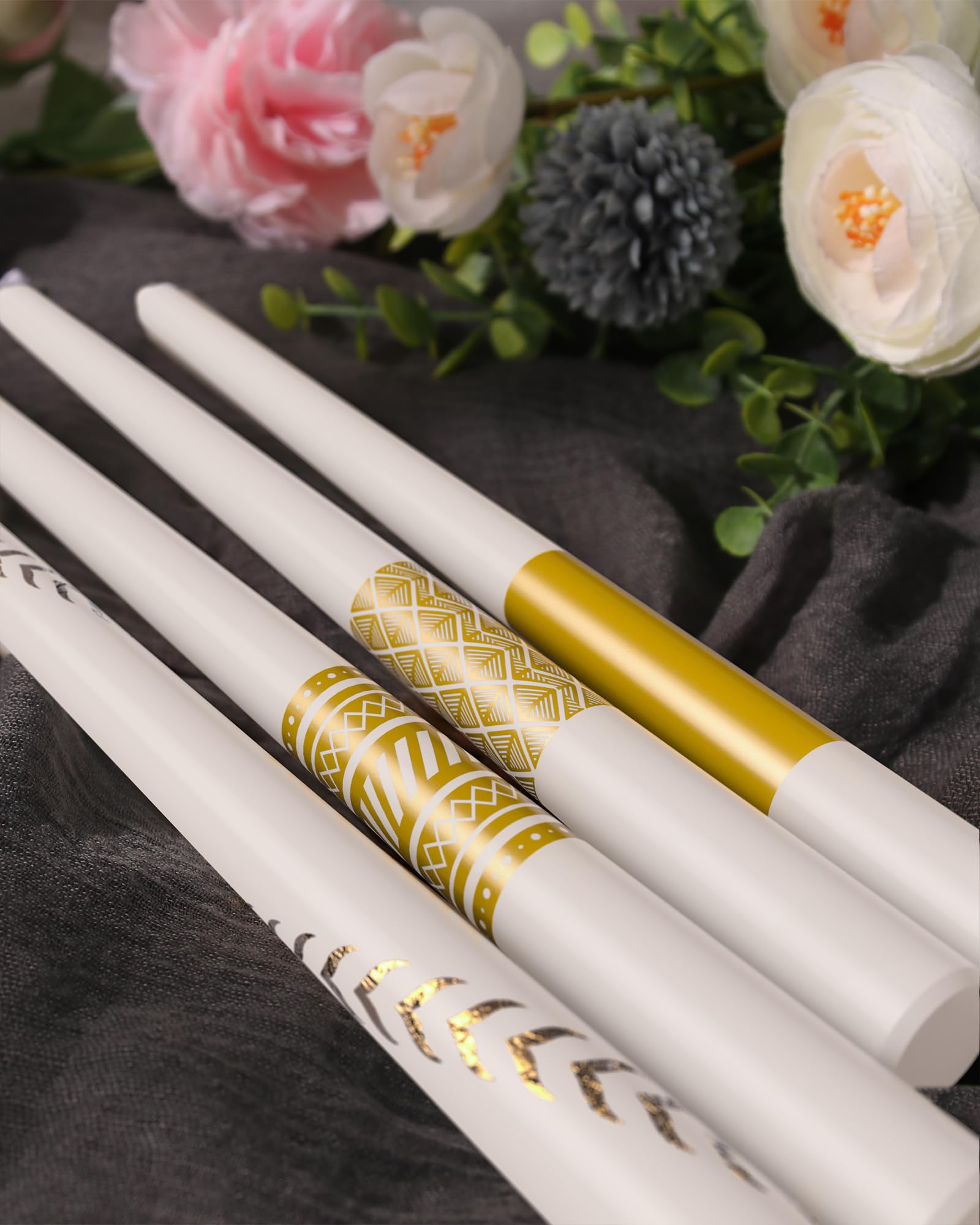 12 Inch White Taper Candles with Gold Leaf, Dripless Tapered Candle Up to 9 Hour+ Burning Time, Unscented and Smokeless Handmade Gift for Events, Dinner, Home Decor, Christmas