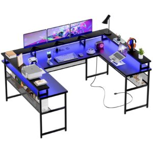 unikito u shaped computer desks, reversible office desk with led strip and power outlets, l shaped table with full monitor stand and storage shelves, 83 inch large u- shape gaming desk, black