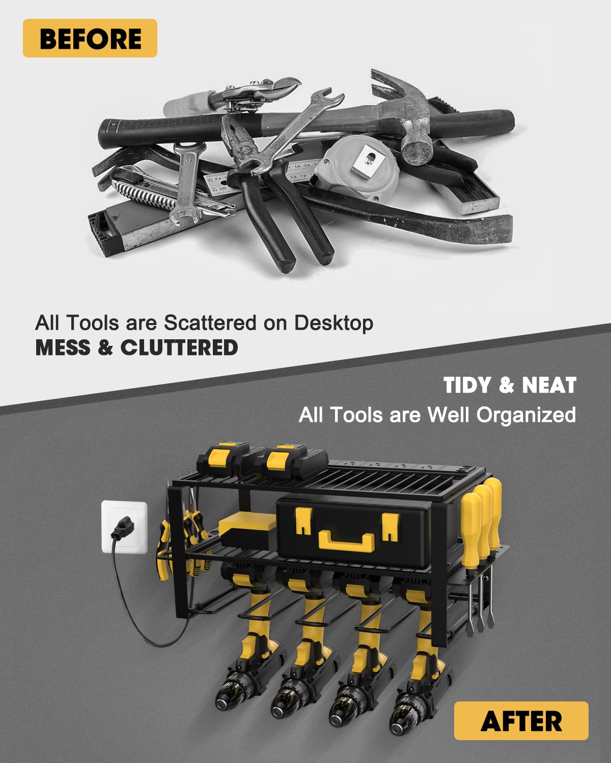 Wall Mount Power Tool Organizer and Charging Station - 6 AC Outlets, 3 Layers for Drills, Great as Heavy Duty Garage Tool Rack