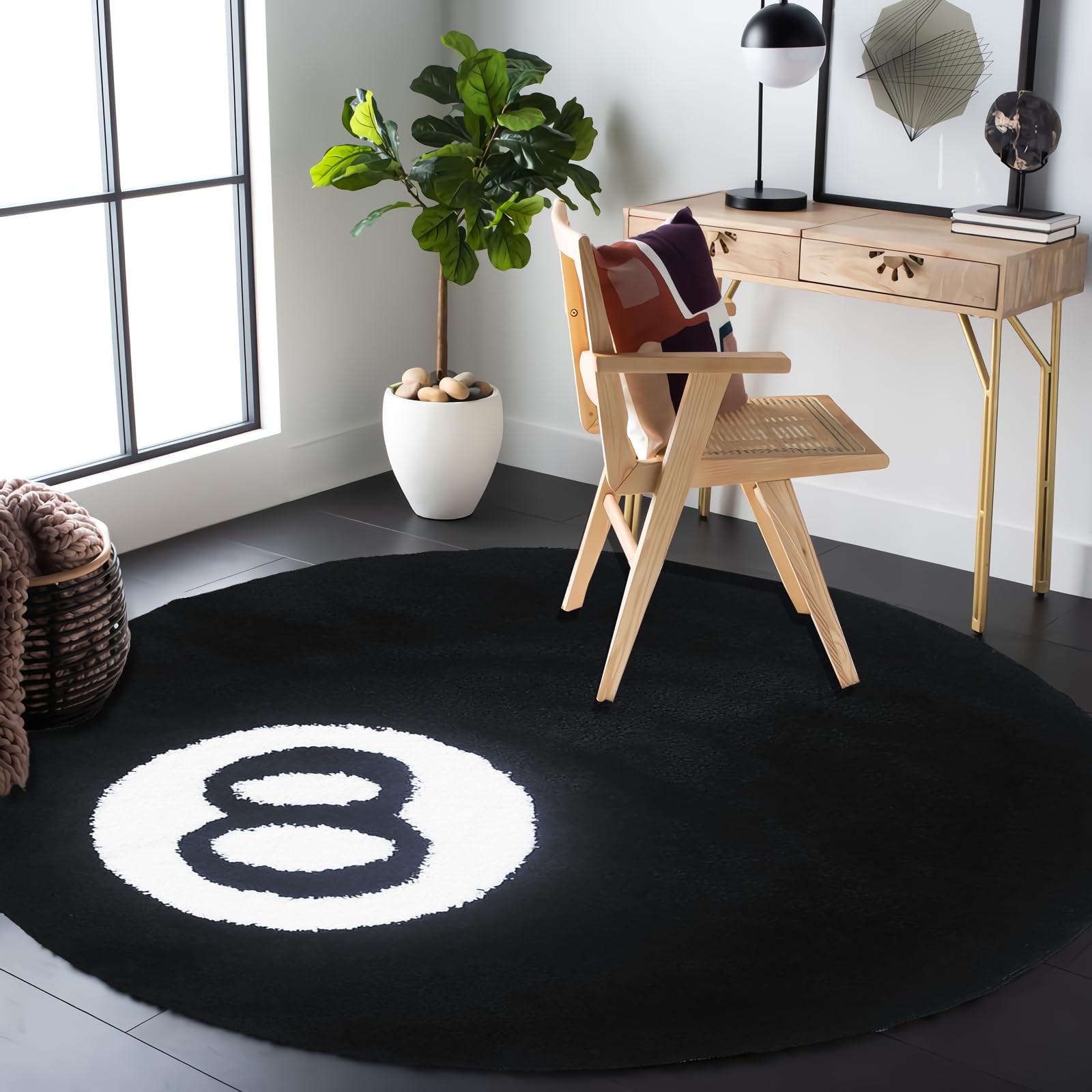 Luxixiry 8 Ball Round Rug, Cute Soft Tufted Area Circle Rug for Bedroom Children's Room Playroom Living Room Non-Slip Fluffy Decor Carpet, Black, 39" Round