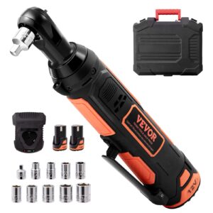 vevor 3/8" cordless electric ratchet wrench set, 33 ft-lbs 12v power ratchet tool kit with 45-min fast charge, 2-pack 2.0ah battery, built-in led light, variable speed trigger, 10 sockets