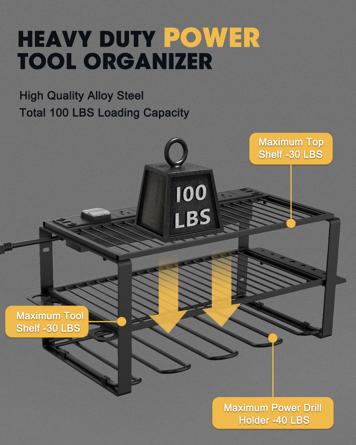 Wall Mount Power Tool Organizer and Charging Station - 6 AC Outlets, 3 Layers for Drills, Great as Heavy Duty Garage Tool Rack