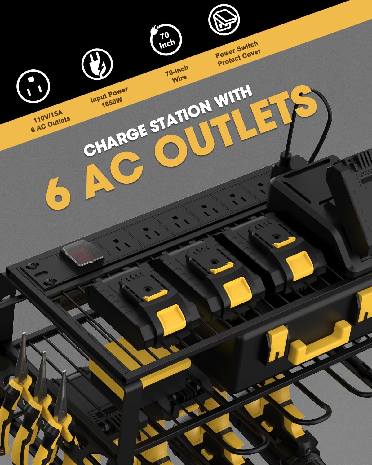 Wall Mount Power Tool Organizer and Charging Station - 6 AC Outlets, 3 Layers for Drills, Great as Heavy Duty Garage Tool Rack