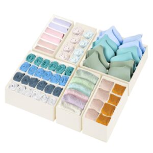 jm plus llc 6 pack underwear organizer with dividers, 58 cell drawer organizer for clothing foldable non-woven fabric dresser organizer & storage boxes for socks bra panty scarf ties (beige)