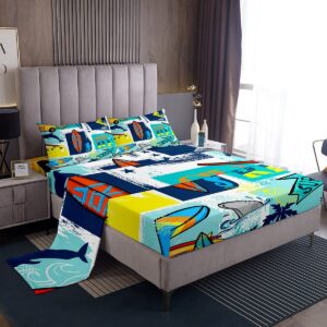 castle fairy surfing sports bed sheet set for boys girls,colorful surf themed graffiti painting bed sheet set full size bedding set,surfboard fish stars plaid fitted sheet and 1 flat, 2 pillow sham