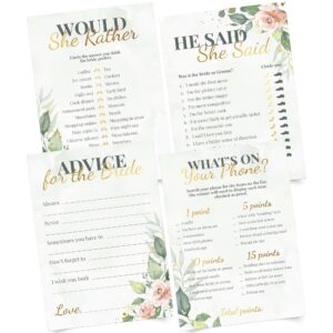 bridal shower games + advice cards - for 30 guests - 4 activities on double sided cards includes 3 games + 1 advice card - greenery floral wedding shower games with gold metallic details. set of 4