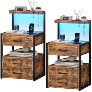 aogllati nightstand set of 2 with charging station and led lights, bedside table with 3 drawers and open storage shelves, 2 usb ports and 2 ac outlets, led night stand for bedroom, rustic brown