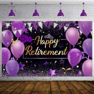 blulu retirement party decorations, extra large fabric retirement sign banner photo booth backdrop background with rope for retirement party favor(72.8 x 43.3 inches,purple and black)