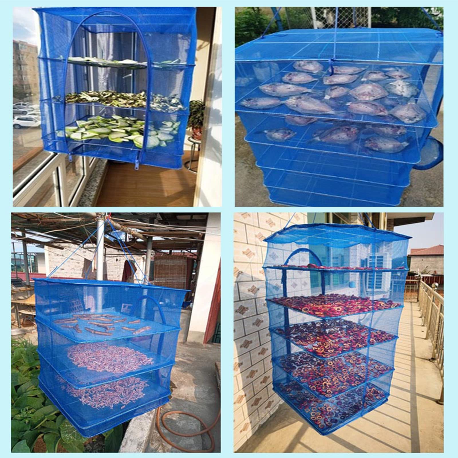 HHKTY Blue Drying Rack 3 Layer Hanging Drying Net Folding Fish Mesh with Zippers Non Toxic Nylon Dry Cage(Size:50x50x65cm,Color:Blue)