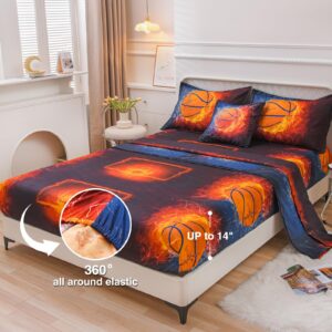 A Nice Night Basketball Print,with Fire and Ice Pattern, Comforter Quilt Set 6PCS Bedding Sets, for Boys Kids Teen (Basketball, Full)