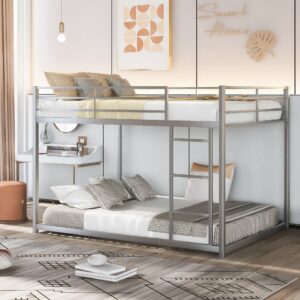 full over full bunk bed with ladder,metal floor bunk bed frame with safety guardrail and steel slats support for kids teen girls boys adults bedroom furniture,heavy duty metal bed frame (silver, full)