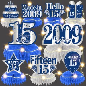 bumqviy 9pcs happy 15th birthday honeycomb centerpieces decorations with string lights for boy, blue silver made in 2009 table centerpieces party supplies, fifteen year old birthday table toppers sign