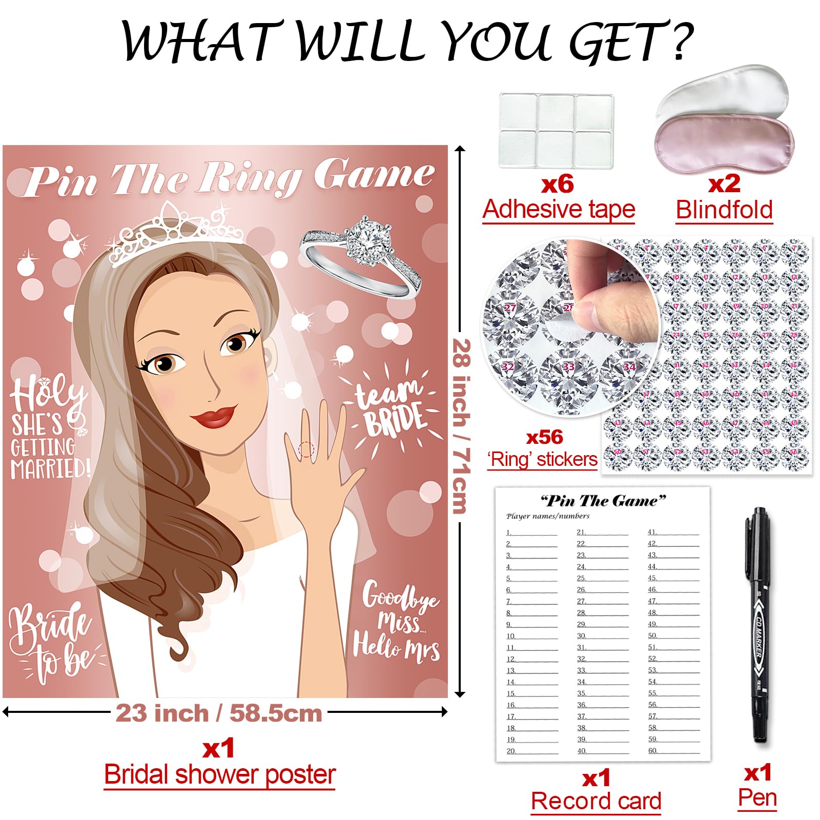 PIN THE STICKER GAME Bridal Shower Bachelorette Party Games, Pin the Ring on the Bride, Bridal Shower Wedding Engagement Shower Games 56 Guests